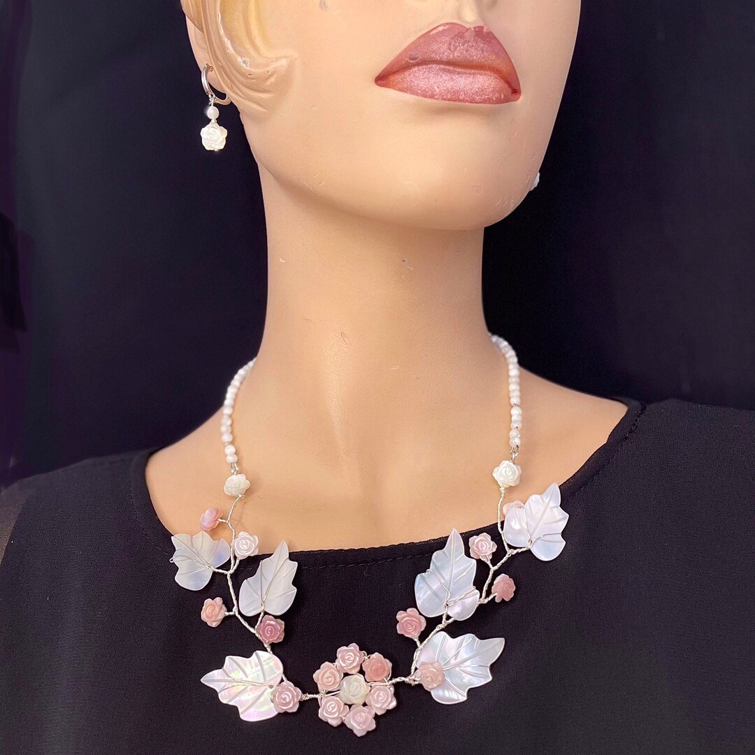 Pink Shell Roses Jewelry Set of Mother of Pearl Leaves and Silver Wires ...