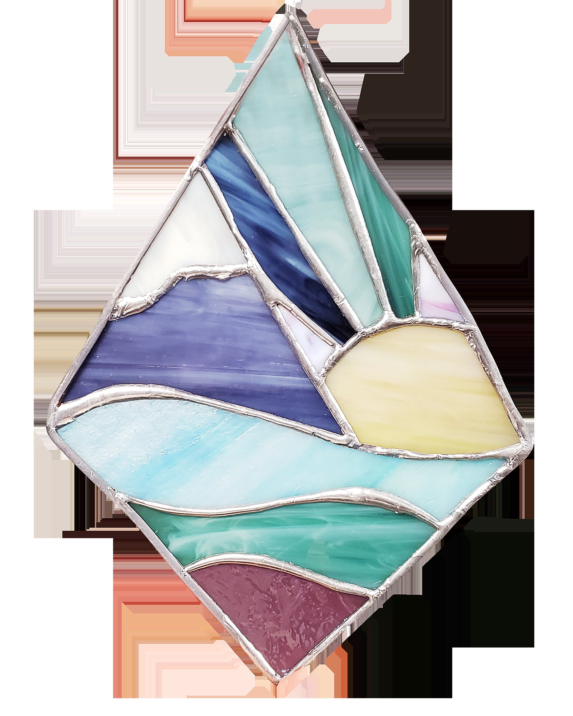 Mountain Lake River Sunrise Suncatcher Geometric Diamond Simple Stained ...