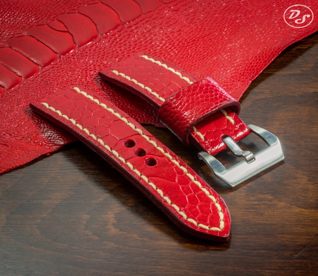 Handmade Glazed Red Ostrich Leg Leather Watch Strap 24/24 Width 120 X ...
