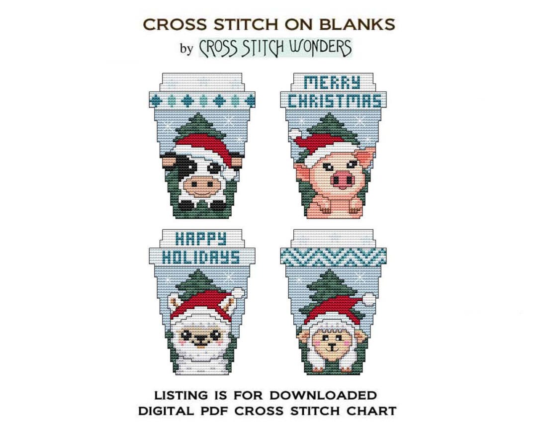 Santa Hat, Cow, Pig, Lama, Sheep, to Go Cup, Christmas, Cross Stitch ...