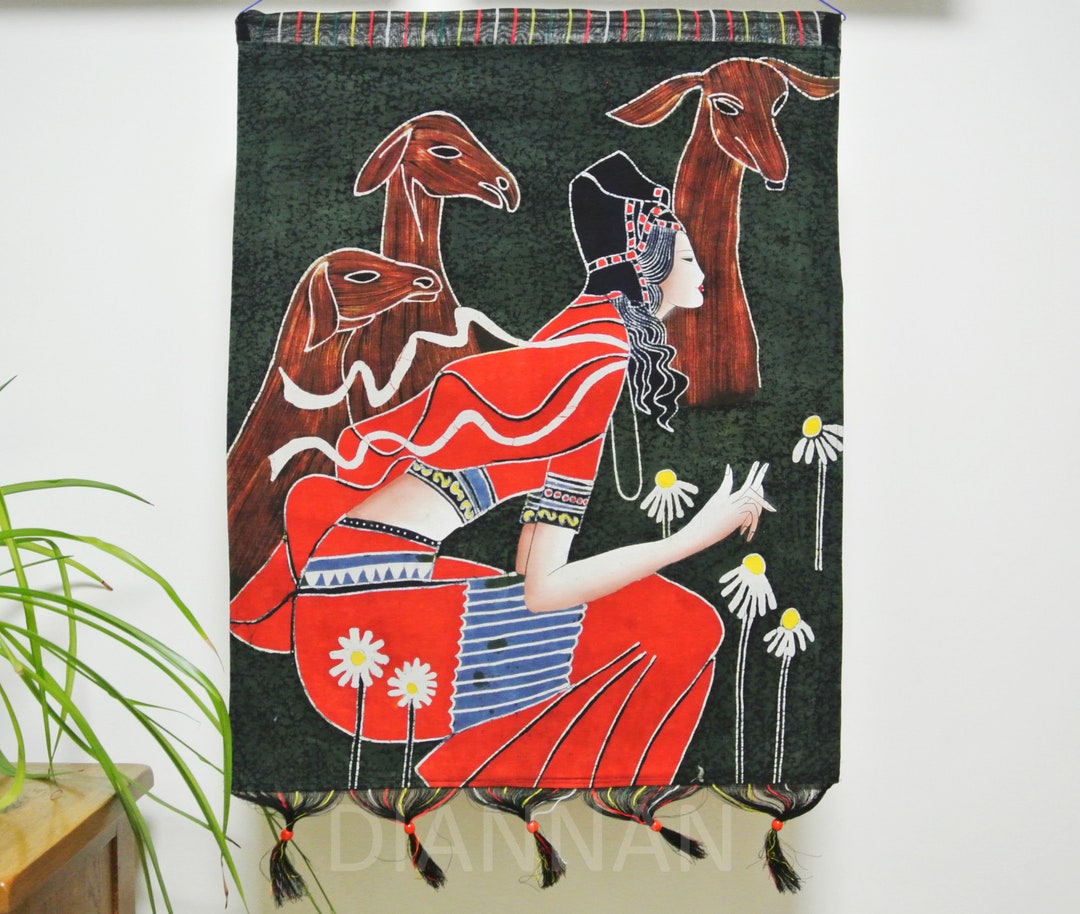 Vintage ,batik Painting Tapestry,the Shepherdess,good Luck for Artist ...