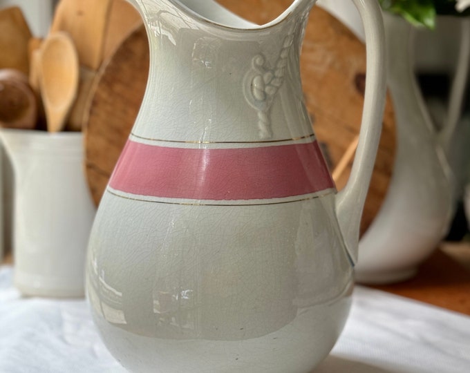 Antique Victorian Ironstone Large Ewer Pitcher Jug Bubble Gum Pink Band ...