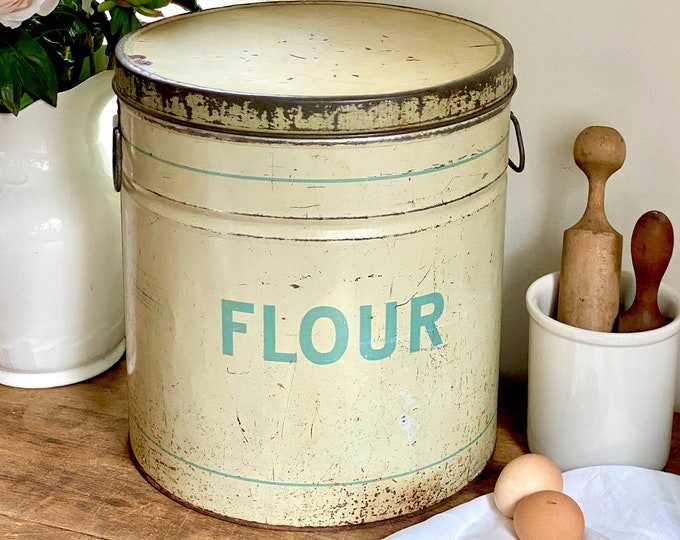 Antique Extra Large FLOUR Tin Storage Canister Cream & Aqua Farmhouse ...