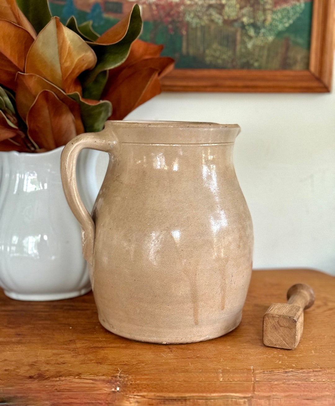 Antique Large Rustic Stoneware Pitcher Jug Beige Farmhouse Pottery - Etsy