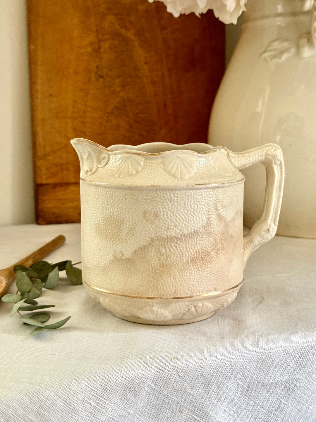 Antique Tea Staining Creamware Milk Pitcher Jug Gold Trim Pottery ...