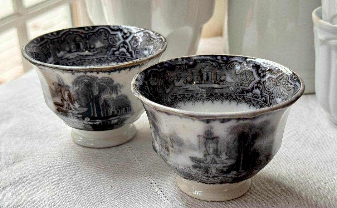 Antique 19th Century Flow Black Handless Cup SET OF 2 Mulberry Fountain ...