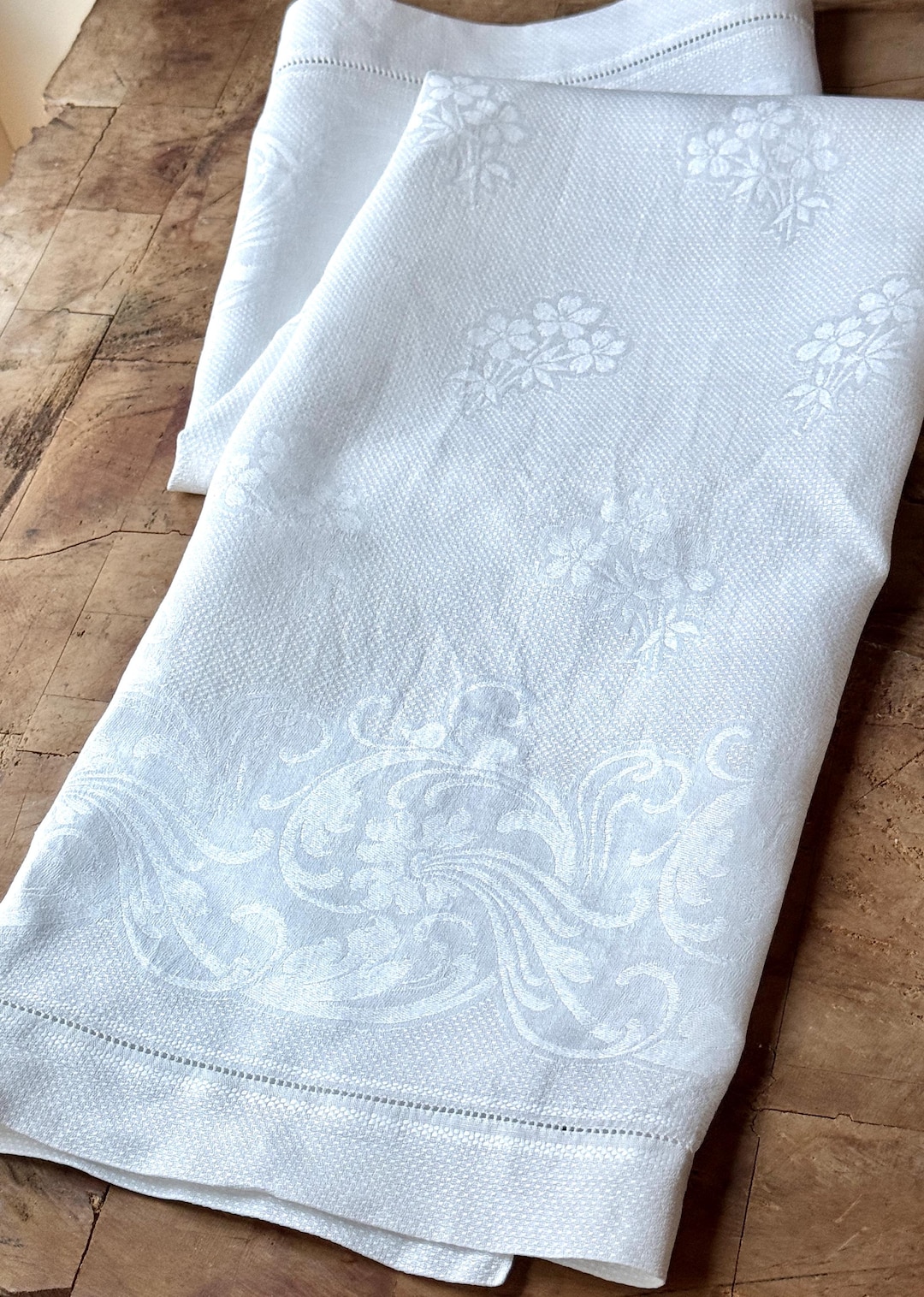 Vintage Extra Large Huckaback Damask Forget Me Not Tea Towel White ...