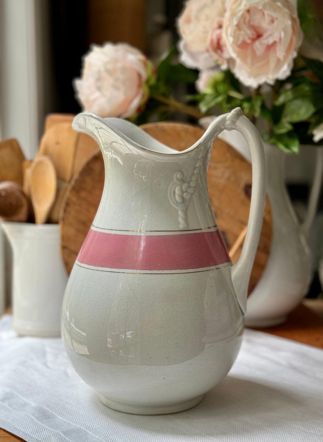 Antique Victorian Ironstone Large Ewer Pitcher Jug Bubble Gum Pink Band ...