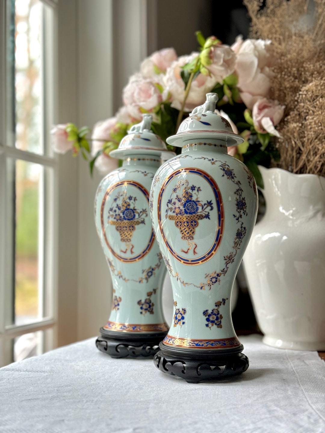 Vintage Japan Ginger Jar Japanese Lantern Rose Prunus Blossom Baskets ...