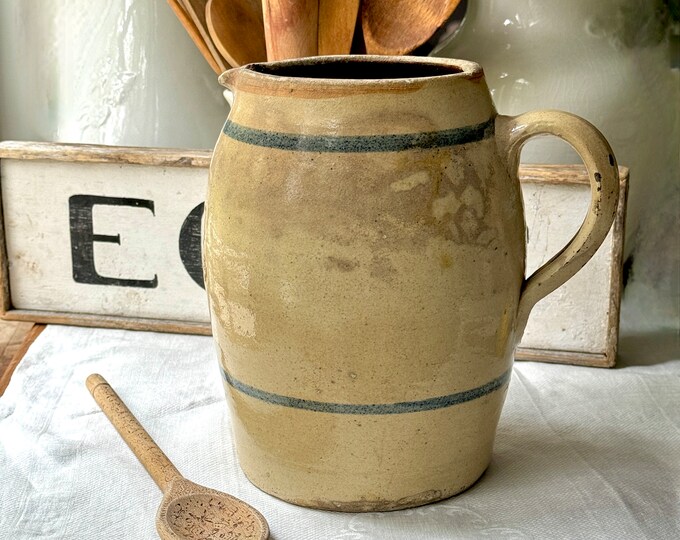 Antique Large Salt Glazed Stoneware Batter Pitcher Jug Beige With Blue ...