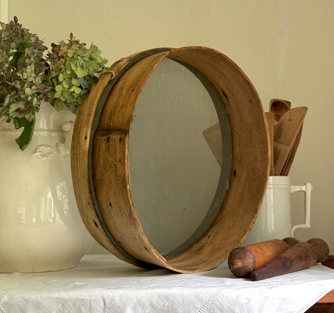 Antique Primitive Large Wood Grain Sieve Sifter Round Box Rustic ...