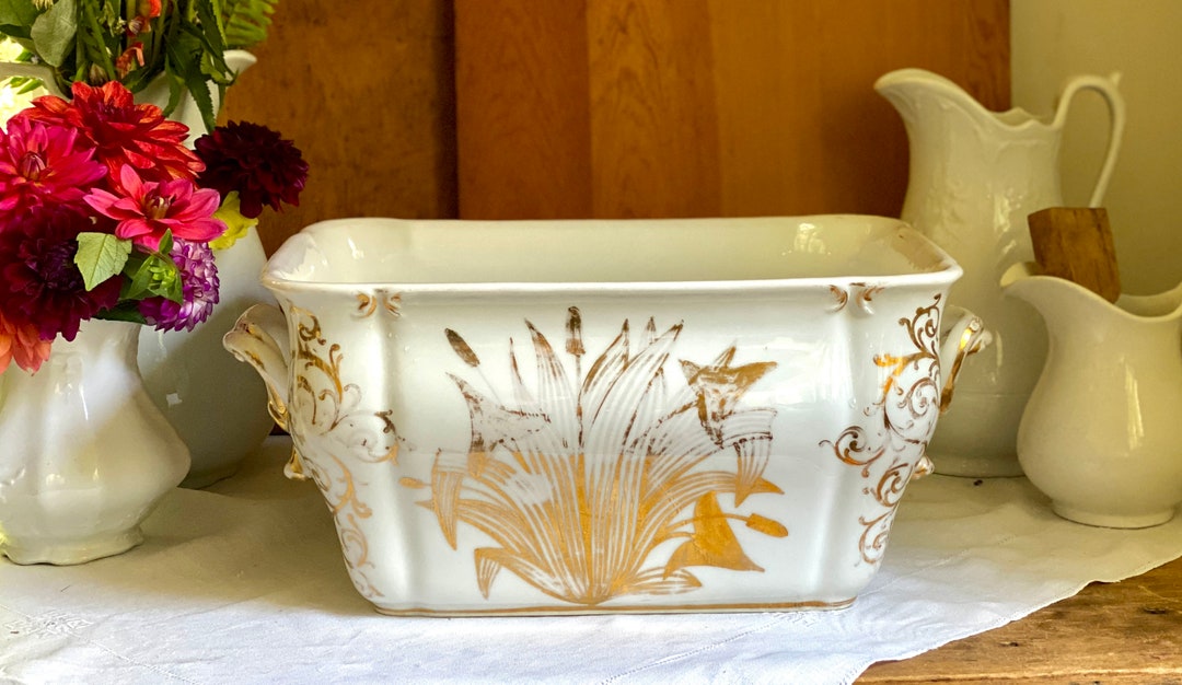 Antique Heavy White Porcelain Foot Bath Double Handles Gold Scrolls ...