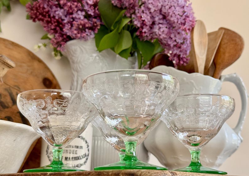 Vintage Green Foot Depression Vaseline Coupe Champagne Clear Etched ...