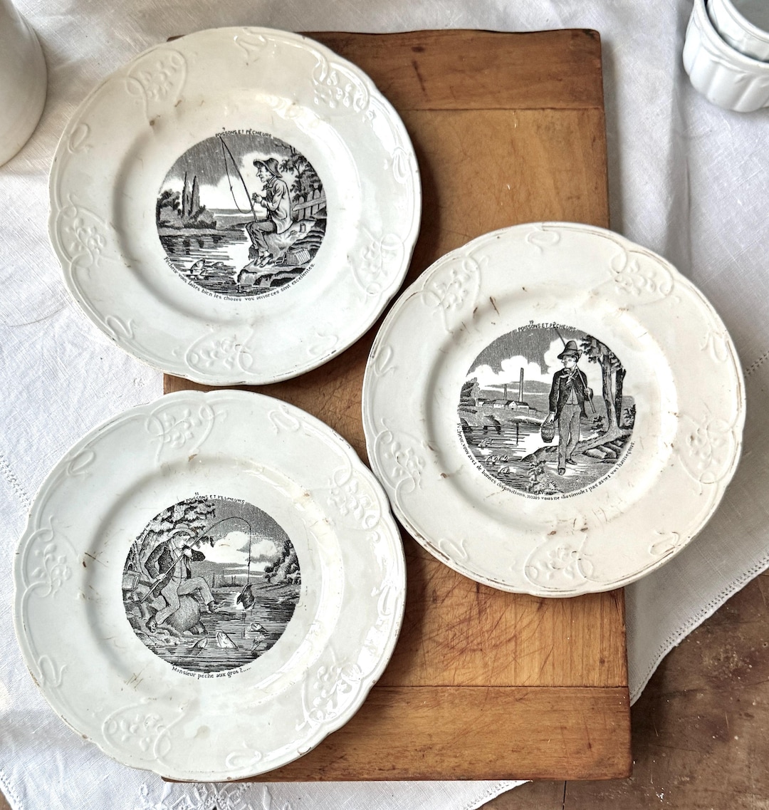 French Antique LONGWY Plates 19th Century Talking Plates Fisherman Fish ...