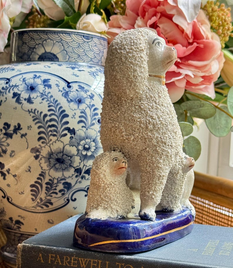 Antique English Staffordshire Poddle Dog Mother & Puppies Blue White ...