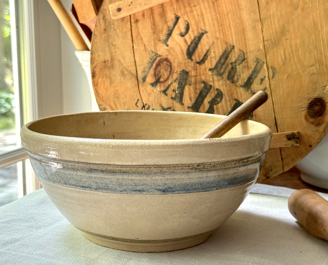 Antique Stoneware Pottery Mixing Dough Bowl Gray & Blue Bands Farmhouse ...