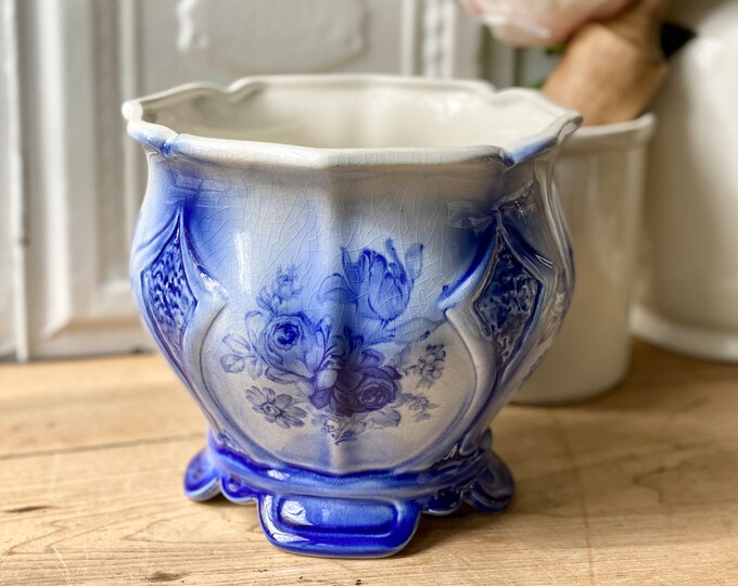 Antique Flow Blue Arthur Wood Embossed Rose Floral Cachepot Planter ...