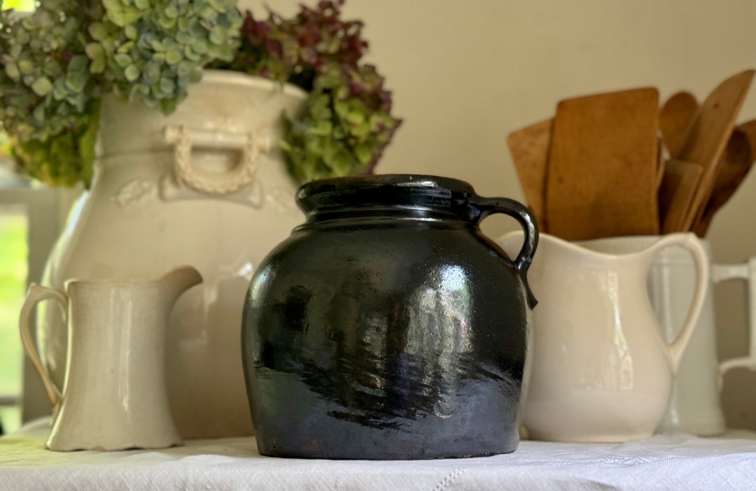 Large Antique Primitive Jug Dark Brown Black Salt Glaze Stoneware Crock ...