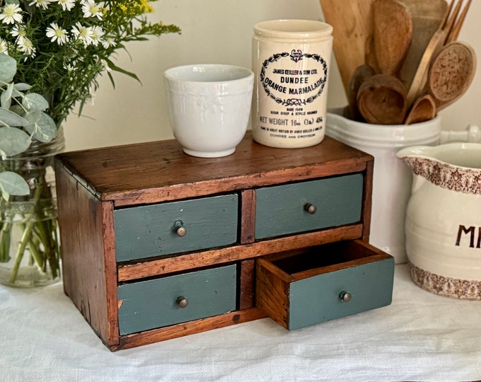 Antique 4 Drawer Blue Pine Wood Primitive Counter Spice Cabinet Box ...