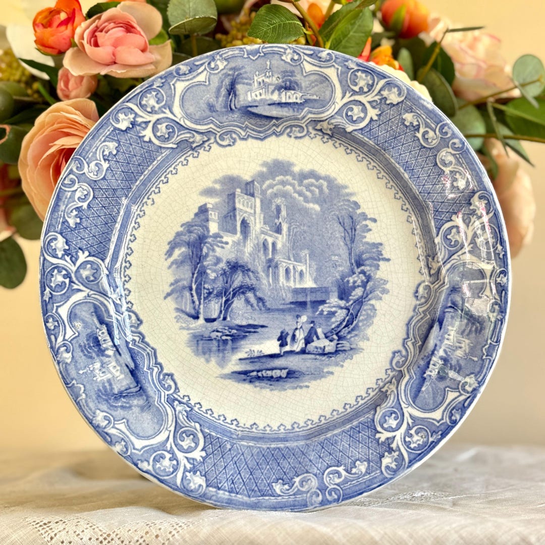 Antique E. Challinor PRIORY Blue & White Transferware Dinner Plate Mid ...