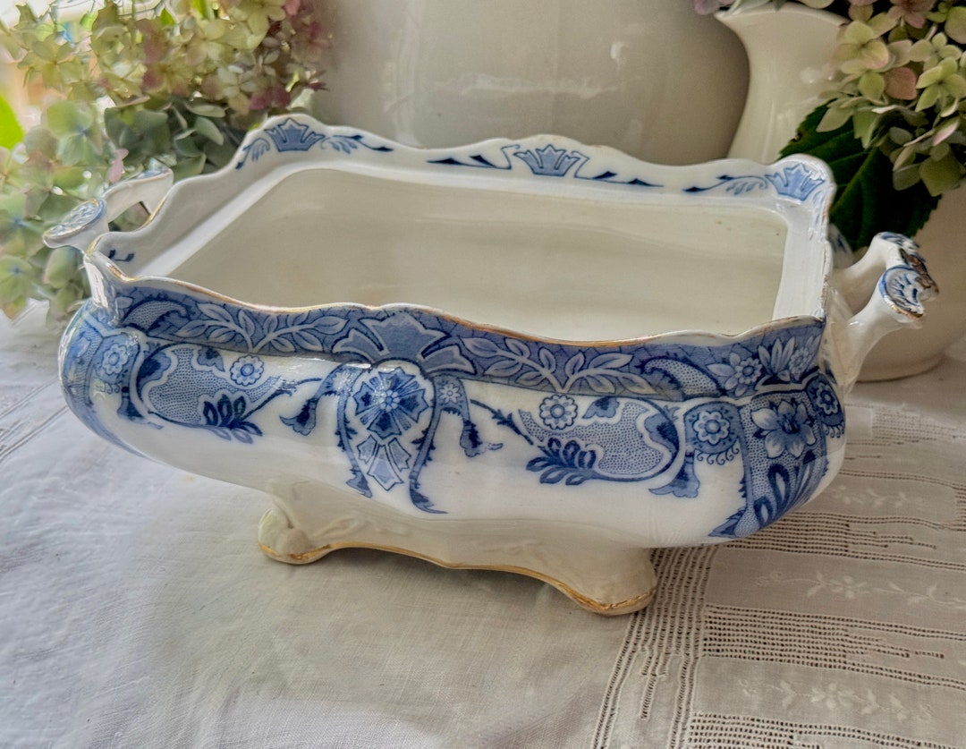 Antique Burgess & Leigh RALEIGH Flow Blue Tureen Blue and White ...