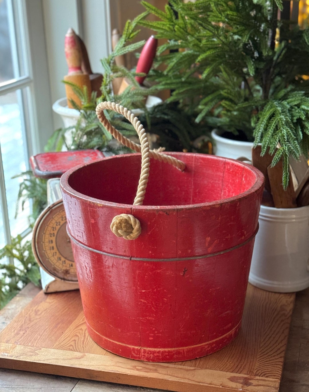 Antique Primitive Large Red Old Staved Wood Bucket Harvest Rustic ...