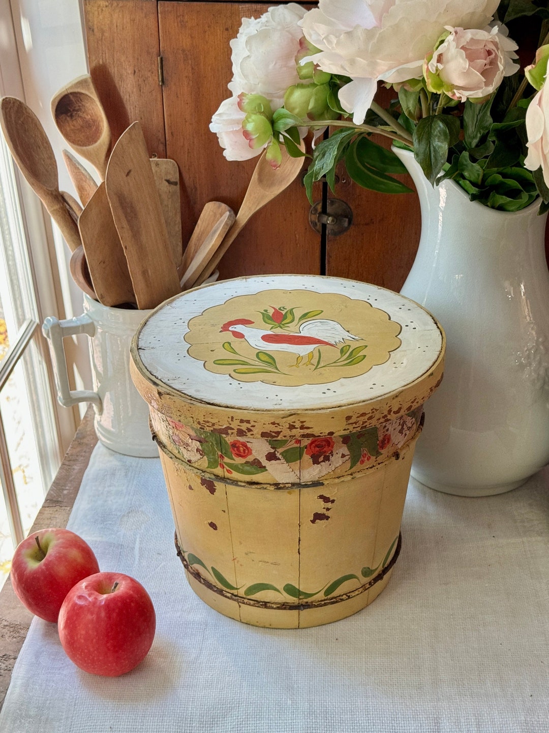 Antique Old Staved Wood Folk Art Bucket With Lid Hand Painted Chicken ...