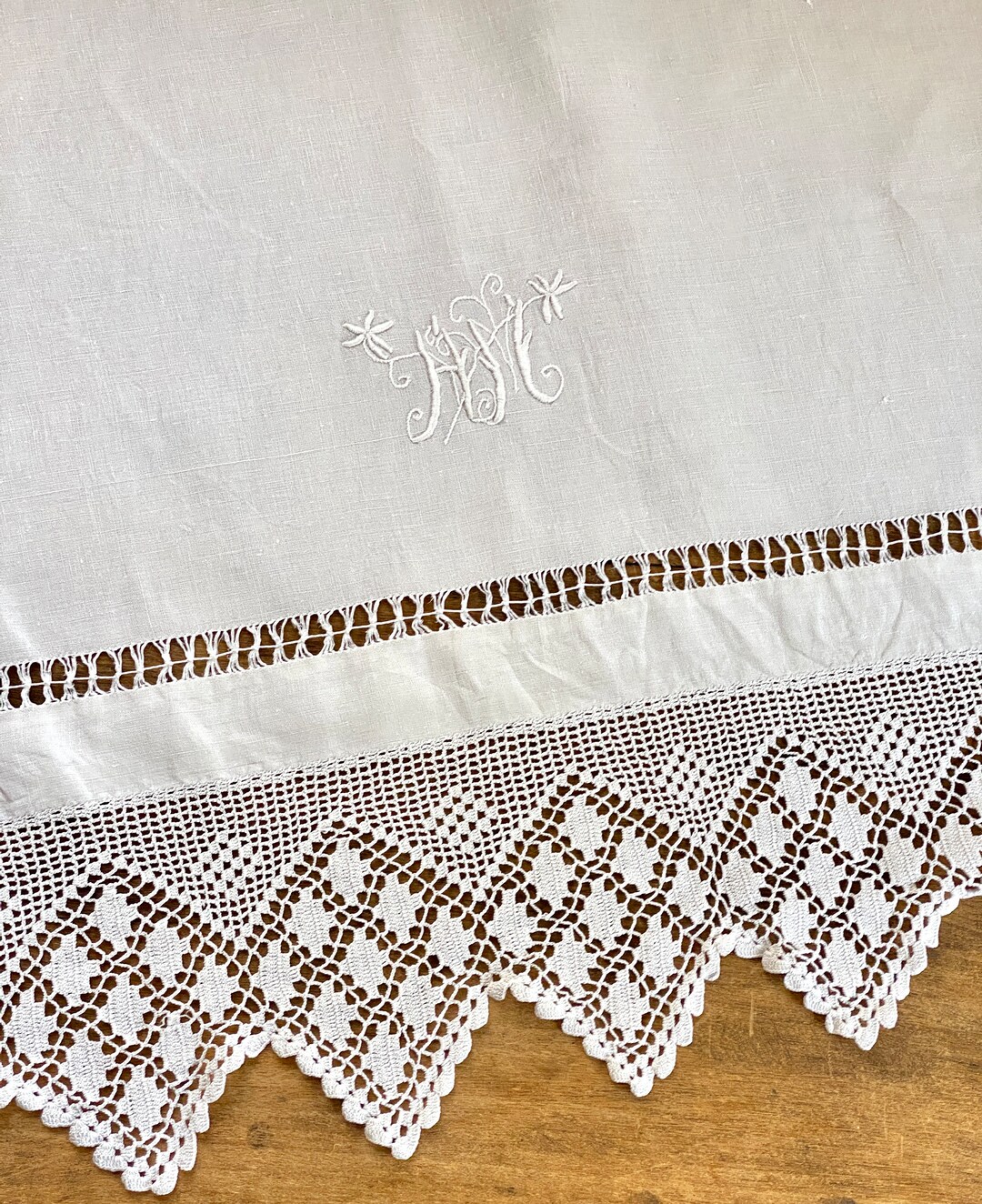 Vintage Large White Cotton Table Runner Embroidery Initial HM Crochet ...