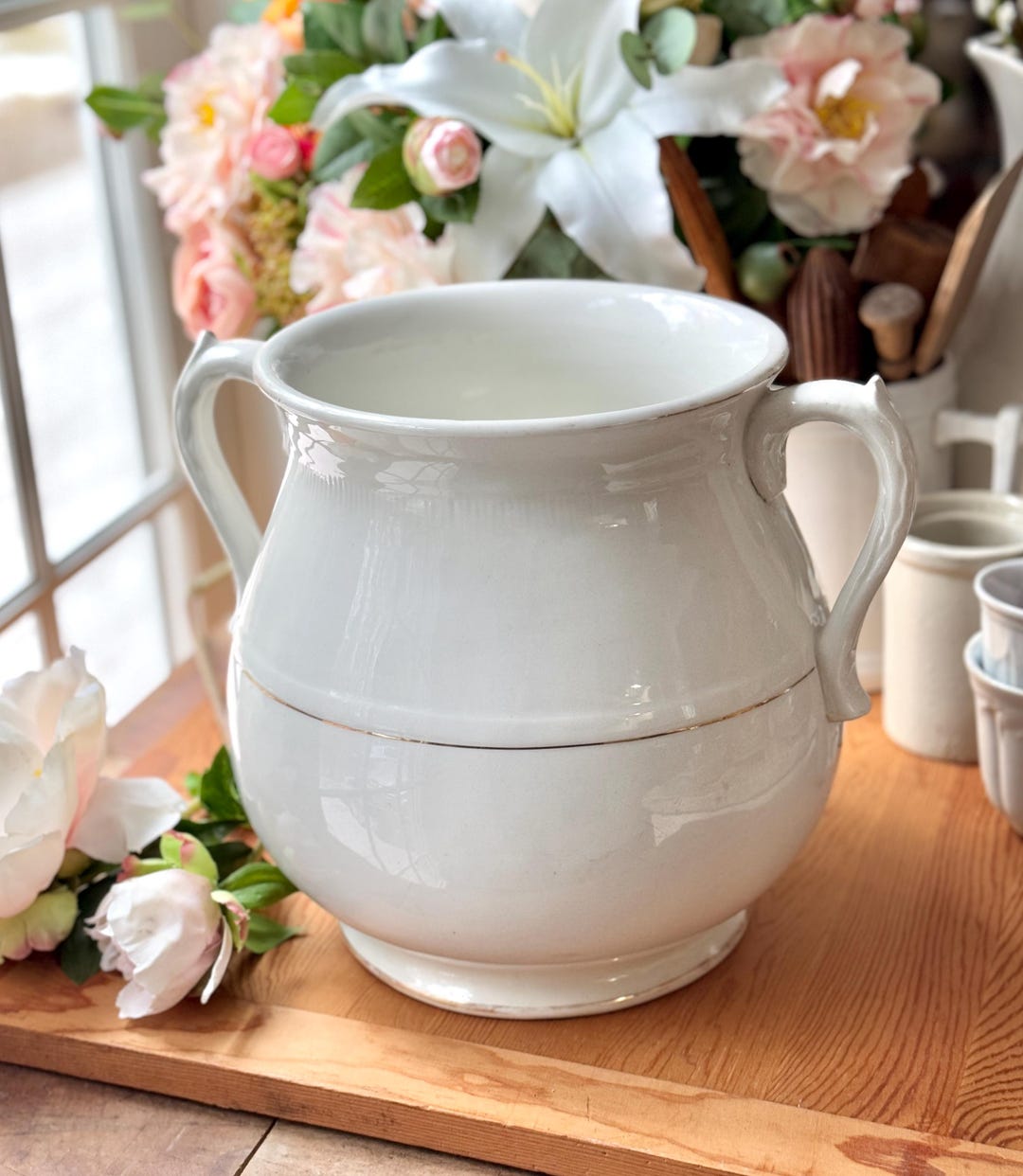Antique Ironstone Urn Slop Pail Double Handled Chamber Pot Warwick ...