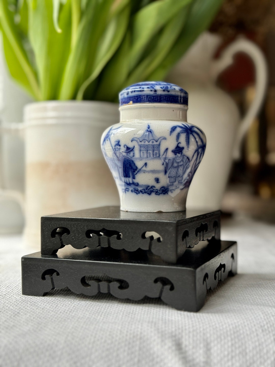 Vintage Black Wood Square Plant Stand Risers Chinoiserie Asian Display ...