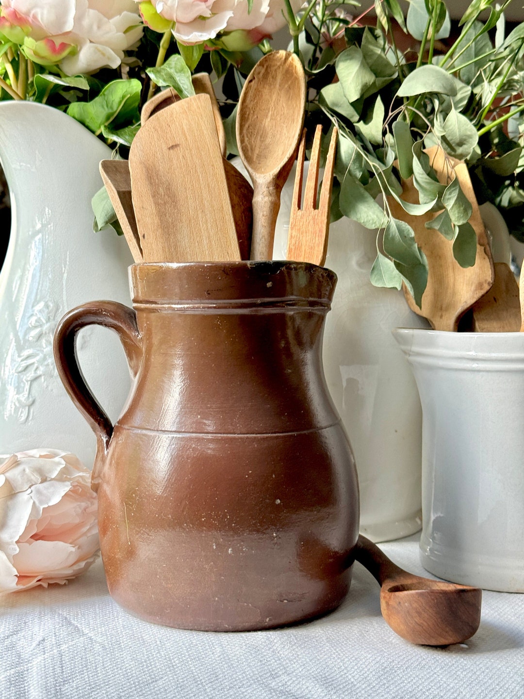 Antique Primitive Utensil Crock Chocolate Brown Albany Slip Salt Glaze ...