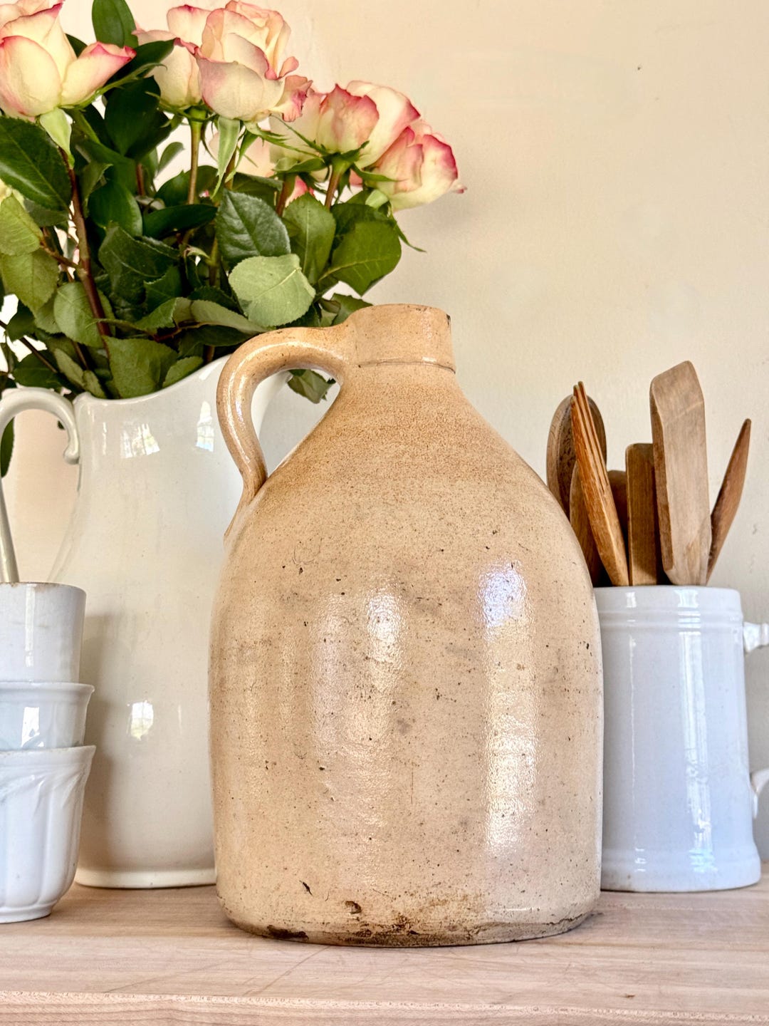 Antique 19th Century Stoneware Pottery Bottle Jug Salt Glazed Crock Tan ...