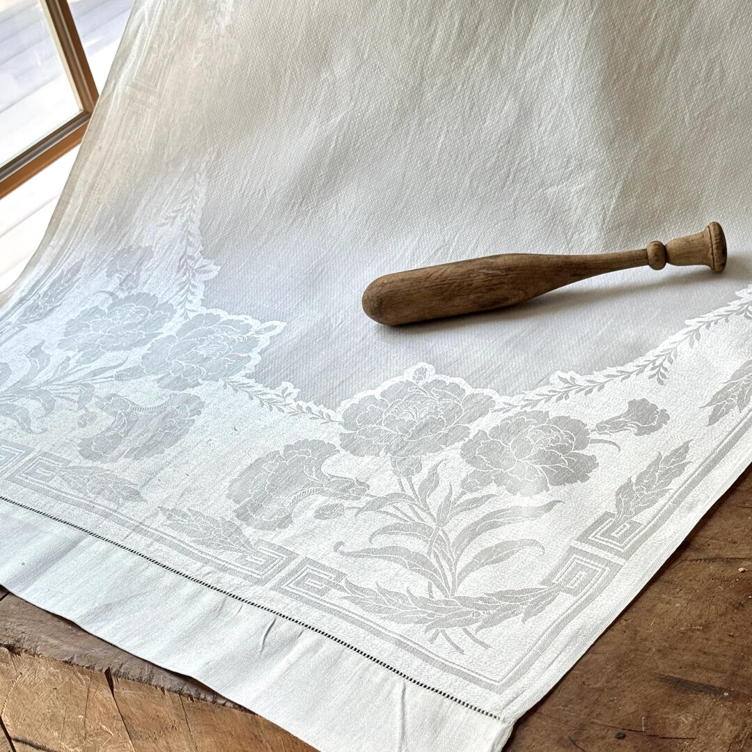 Vintage Extra Large Huckaback Damask PEONIES Tea Towel White Cotton ...