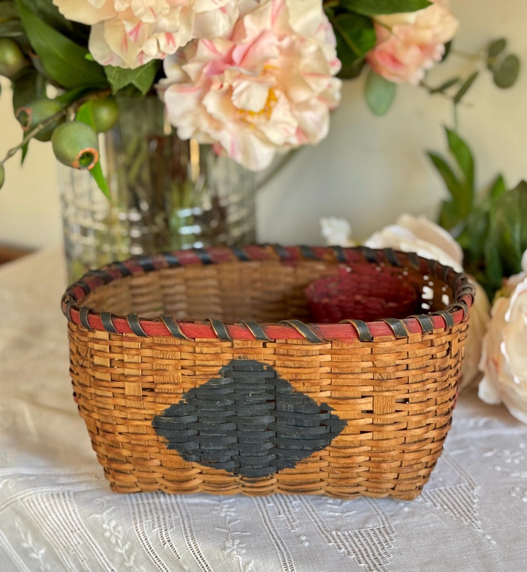 Antique Small Catchall Splint Basket Woven Egg Basket Red & Blue ...