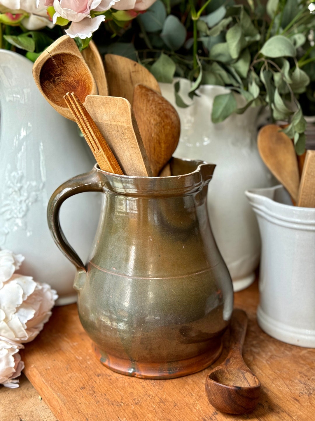 Antique Primitive Utensil Crock Brown Albany Slip Salt Glaze Stoneware ...