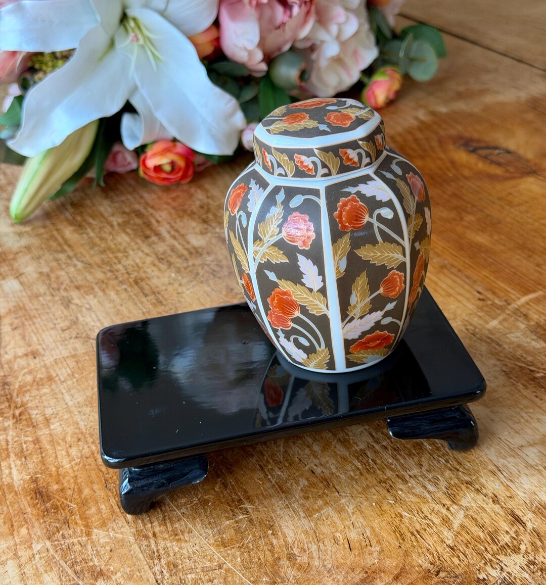 Vintage MCM Black Ceramic Plant Stand Riser Chinoiserie Asian Display ...