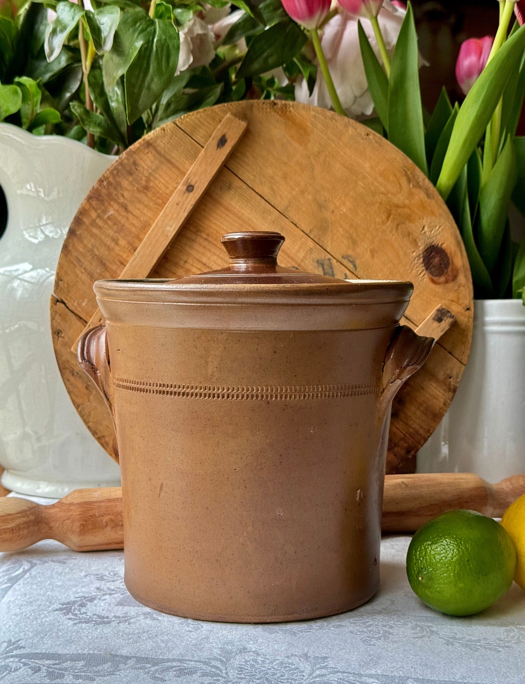 Antique Large 19th Century Brown Stoneware Pottery Crock With Lid ...