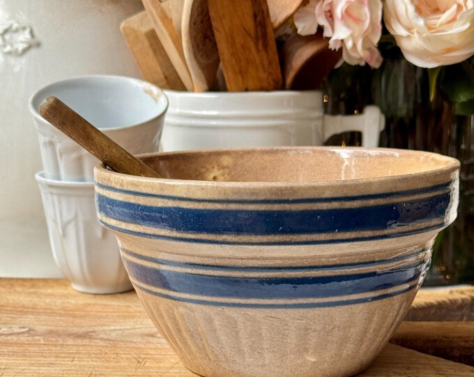 Antique Farmhouse Mixing Prep Bowl Beige Stoneware 6 Blue Bands Stained ...