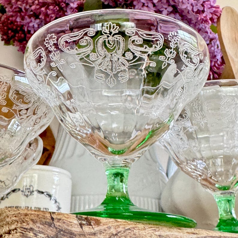 Vintage Green Foot Depression Vaseline Coupe Champagne Clear Etched ...