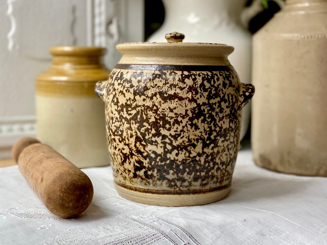 Vintage Large Brown Spongeware Cedar Swamp Stoneware Crock W/ Lid Side ...