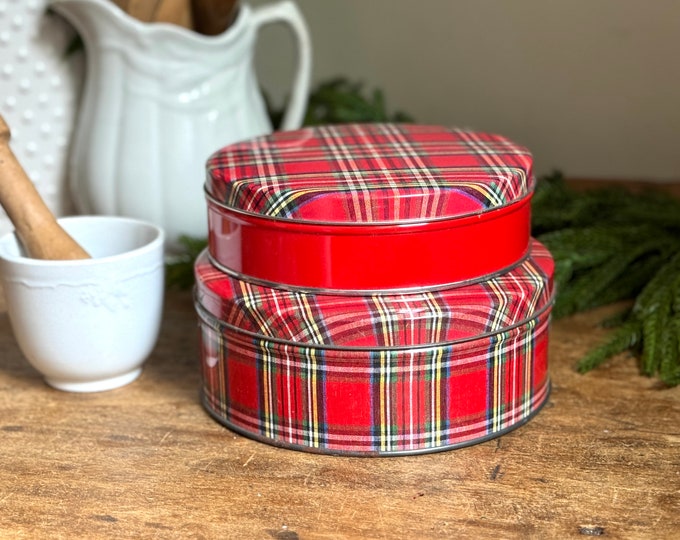Vintage Red Tartan Plaid Tin Storage Container Box Round With Lid Set ...