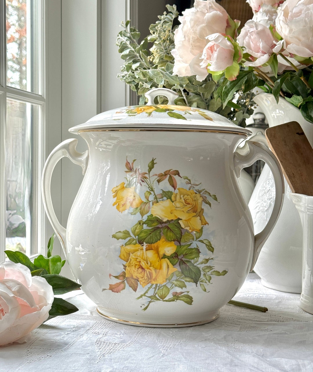 Antique Ironstone Transferware Slop Pail With Lid Chamber Pot Yellow ...