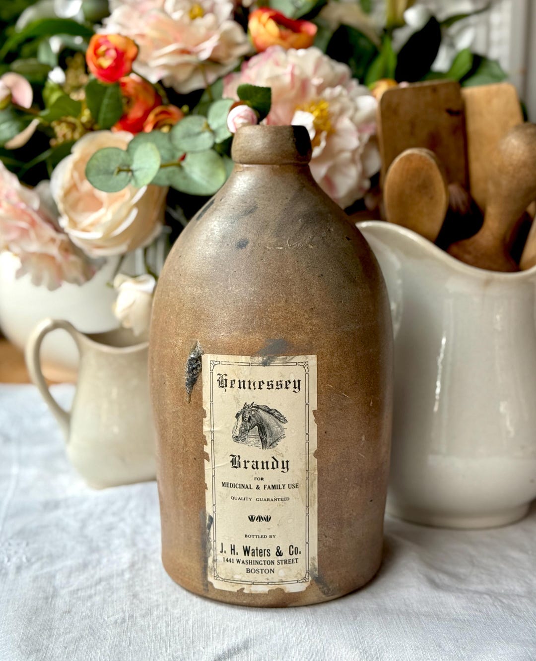 Antique Hennessey Brandy Stoneware Pottery Bottle Whiskey Jug Salt ...