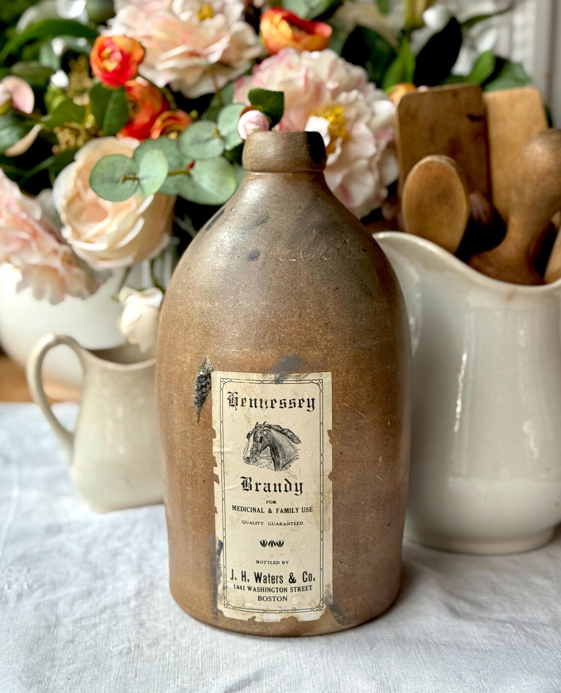 Antique Hennessey Brandy Stoneware Pottery Bottle Whiskey Jug Salt ...