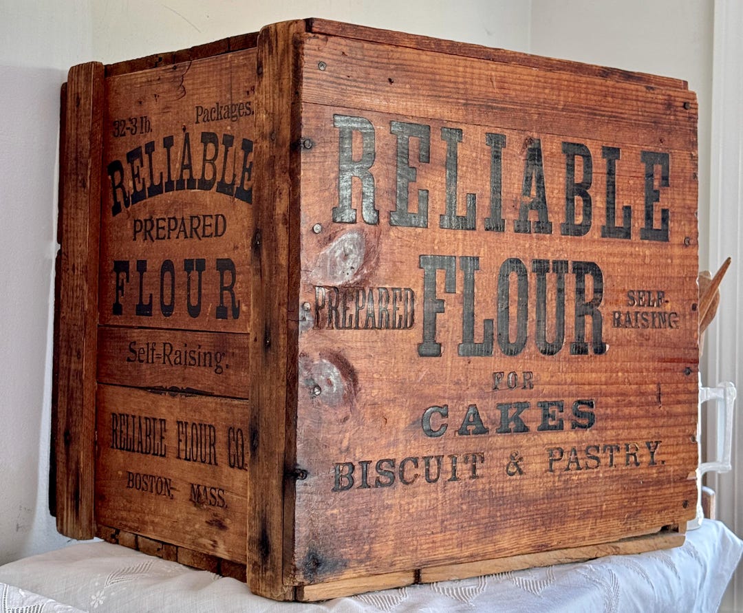 Antique Large RELIABLE FLOUR BOSTON Wood Crate Shipping Box With Lid ...