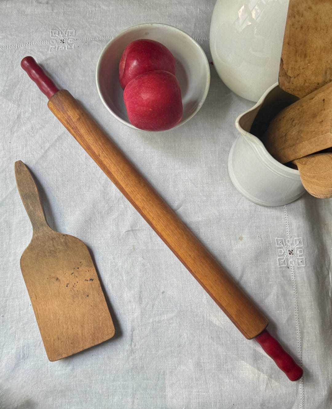 Vintage Wood Thin Extra Long Rolling Pin Red Handles Primitive ...