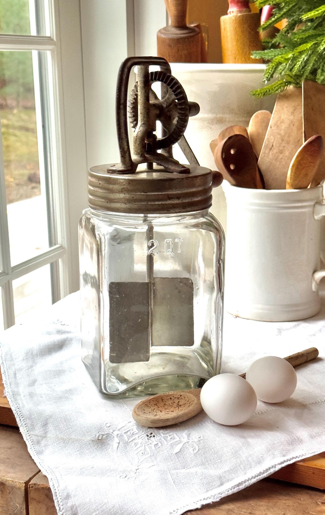 Antique 2 Quart Glass Jar Butter Churn Metal Paddles Working Rustic ...