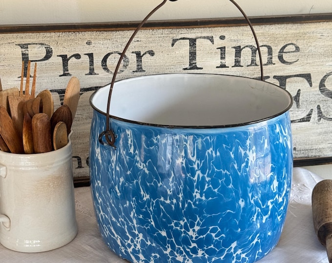Large Aqua Blue Splatter Swirl Porcelain Enamelware Bucket Pot ...