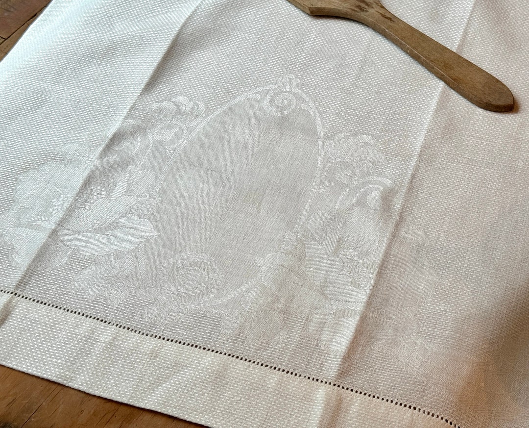 Vintage Extra Large Huckaback Damask Peonies Tea Towel White Cotton ...