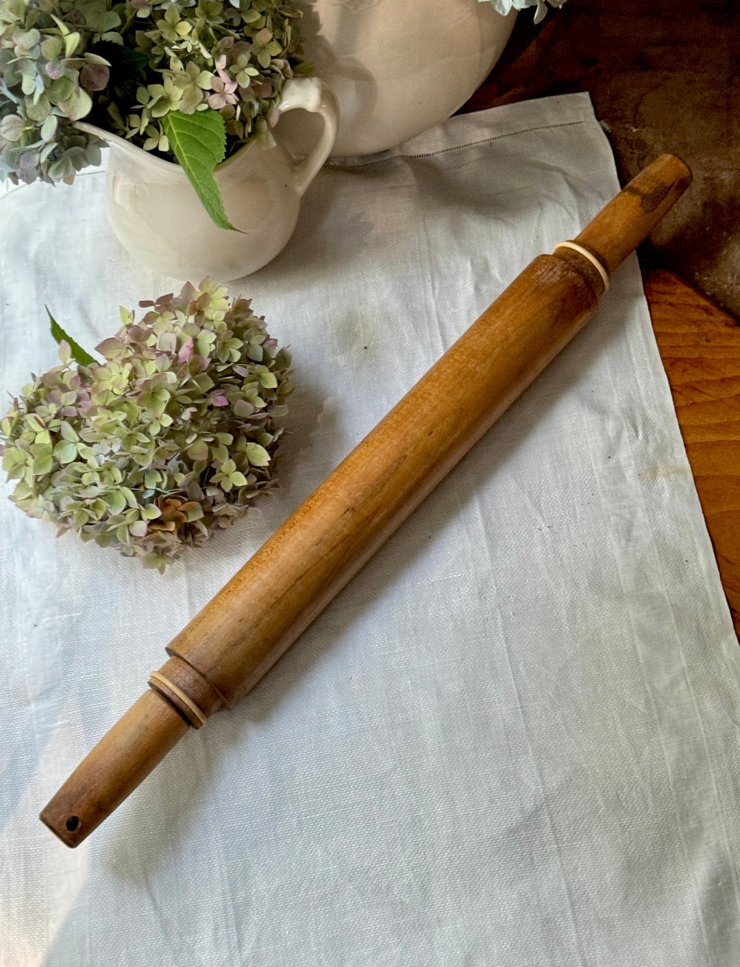 Antique Wood Long Rolling Pin Hanging Hole Cooks Tool Primitive ...